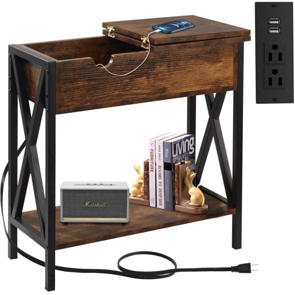 商品名: エンドテーブル リビングルームサイドテーブル 収納付き 寝室 ナイトスタンド ベッドサイドテーブル 素朴な小さなエンドテーブル スチールフレーム付き ソファサイドテーブル 小さなスペース用 奥行き11.3インチ x 幅24インチ ...