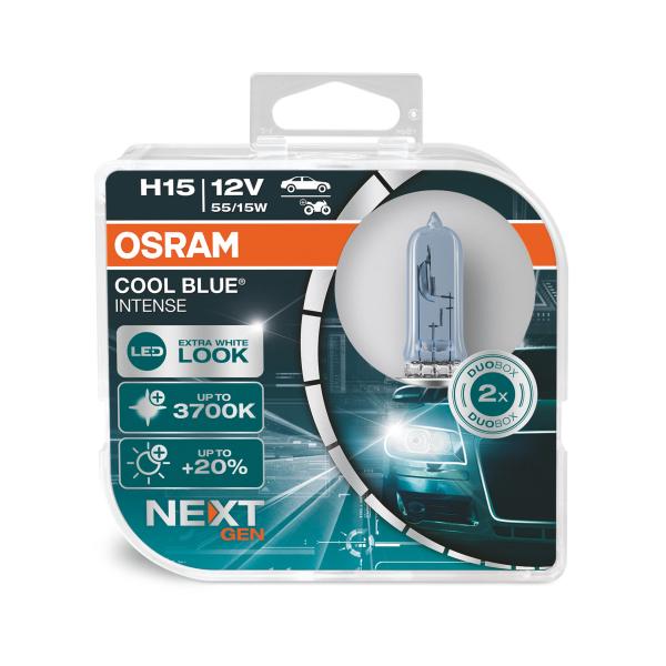 商品名:  OSRAM COOL BLUE INTENSE H15, 20% more brightness, up to 3,700K, halogen headlight lamp, LED look, duo box (2 lamps...