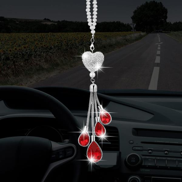 商品名:  Bling Heart Diamond Car Accessories, Crystal Car Rear View Mirror Charms Car Decoration Valentine's Day Gifts Luck...