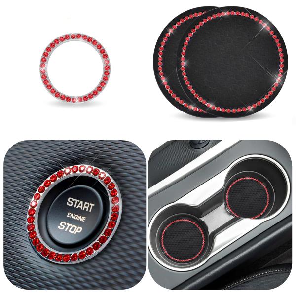 商品名: EcoNour Car Coasters (2 Pack) with Push Start Button Bling Ring (1 Pack) | Anti-Slip Car Coasters for Women | Uniqu...