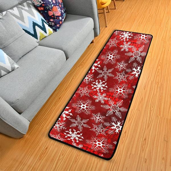 商品名:  Christmas Runner Rug, Red Pattern with Snowflakes Flower Runner Rug Floor Mat Non-Skid Kitchen Rug Soft Area Rug f...