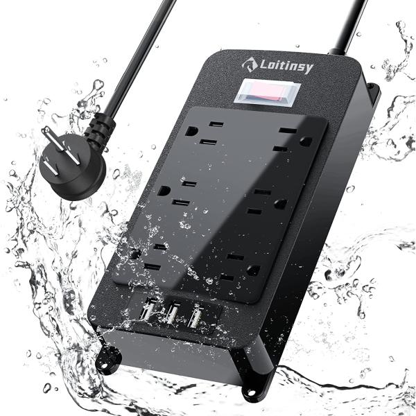 商品名:  Outdoor Power Strip Weatherproof, 6 Outlets Waterproof Surge Protector with 3 USB Ports, 6 FT Extension Cord, Shoc...