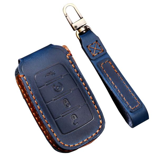 商品名: ontto レザーキーフォブカバー キーチェーン付き ダッジ・ラム 1500 2019 2020 2021 カーキーケース リモートキーホルダー 4ボタン ブルー ontto Leather Key Fob Cover with ...