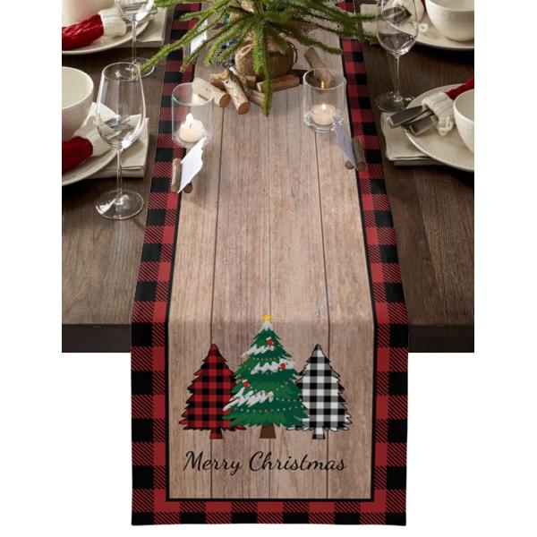商品名:  COLORSUM Cotton and Linen Table Runner Christmas Pine Tree On Red and Black Checkered Wood Grain Durable Dresser S...