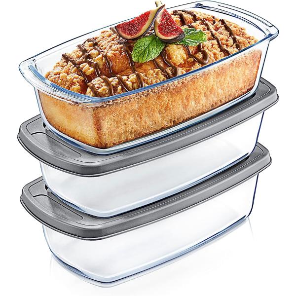 商品名NutriChef 3 Sets Loaf Pan - 62.07oz Stackable Superior Premium Glass Meal-prep Food Container w/Airtight Locking Lid,...