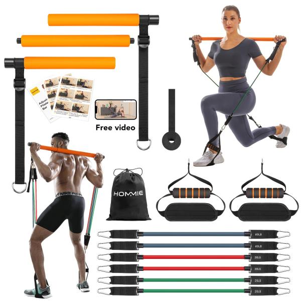 商品名: Hommie Pilatesバーキット、ポータブルエクササイズフィットネス機器 20ポンドから180ポンド、3セクションスティックスクワットヨガピラティスフレックスバンドキット ホームジムワークアウト全身シェイピング Pilate...