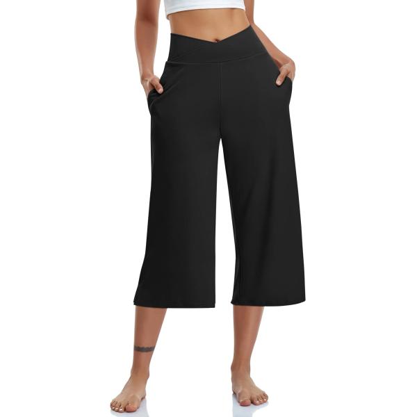 商品名:  TARSE Womens Casual Wide Leg Yoga Capris Plus Size Crossover High Waist Capri Pants Loose Soft Pajama Pockets Swea...