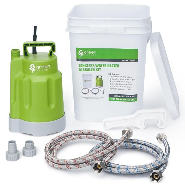 商品名: Green Expert タンクレス給湯器洗浄キット 1/4HP 水中ユーティリティポンプ 5ガロンバケツ ステンレススチールホース2個 オープンエンドレンチ クイックインストール用 203642 Green Expert Tan...