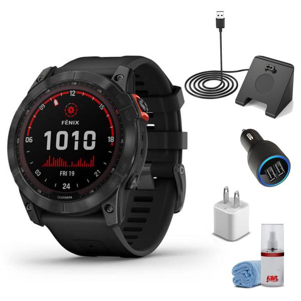 商品名: Garmin (ガーミン) Fenix 7X ソーラーエディション スマートウォッチ スレートグレー ブラックバンド (51mm) + 時計充電スタンド + USB車/壁アダプター + 6TH AVE クリーニングキット (010...