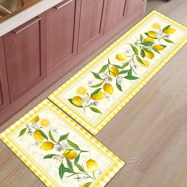 商品名:  Kitchen Rugs, Lemon Yellow Buffalo Check Summer Watercolor Fruit Plaid Farmhouse Decor Non Slip Runner Rug Mat for...
