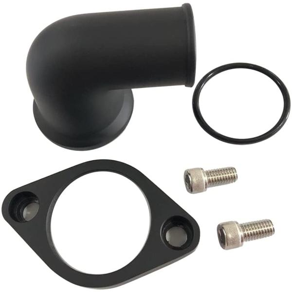 商品名: SHLPDFM ブラック シェビー ウォーターネック 90°回転 光沢アルミニウム ウォーターネックサーモスタットハウジング SBC BBC CHEVY 327 350 396 454エンジンに対応 1セット 1 SET SHLP...