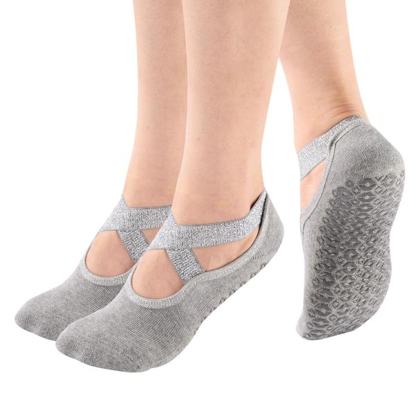 商品名:  Teebulen Women's and Girl's 2 Pairs Grey with Silver Glitter Padded Anti Skid Non Slip Yoga Socks with Grips for B...