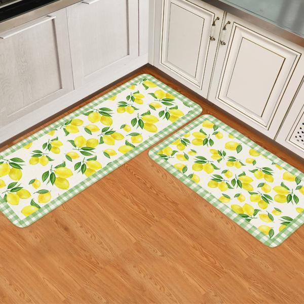 商品名:  Lemon Kitchen Mats 2 Pieces Non Slip Runner Rug Set Dark Green and White Gradient Color Print Kitchen Rugs Washabl...