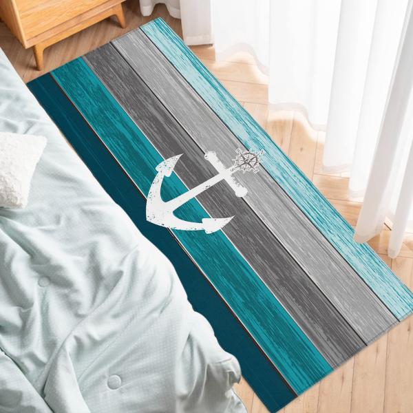 商品名:  Kitchen Runner Rug, Farm Nautical Anchor Compass Rustic Old Wooden Plank Teal Green Gray Non Slip Runner Carpet Do...