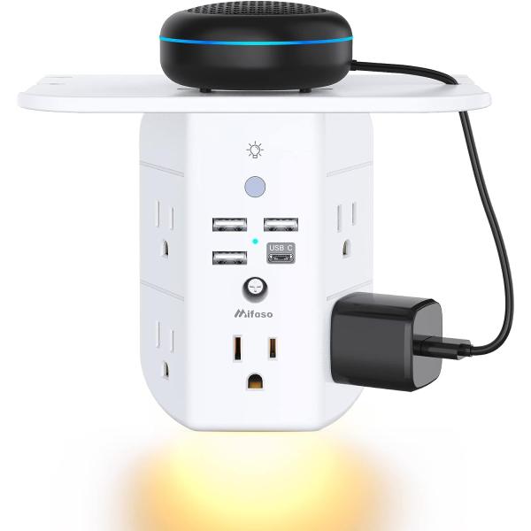 商品名Mifaso Wall Outlet Extender with Shelf and Night Light,Surge Protector, Wall Charger with 5 USB Outlets and 3 USB Por...