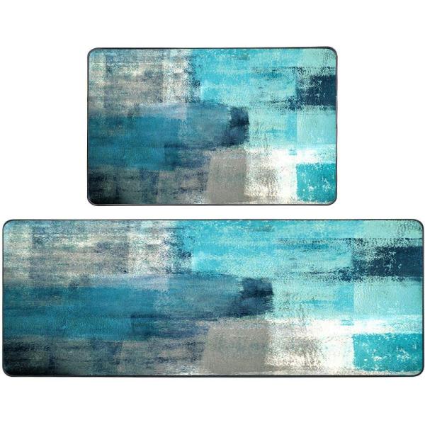 商品名:  TOMWISH Turquoise Kitchen Rug Kitchen Mats Turquoise and Grey Abstract Art Painting 20"X48"+20"X30" Washable Non-S...