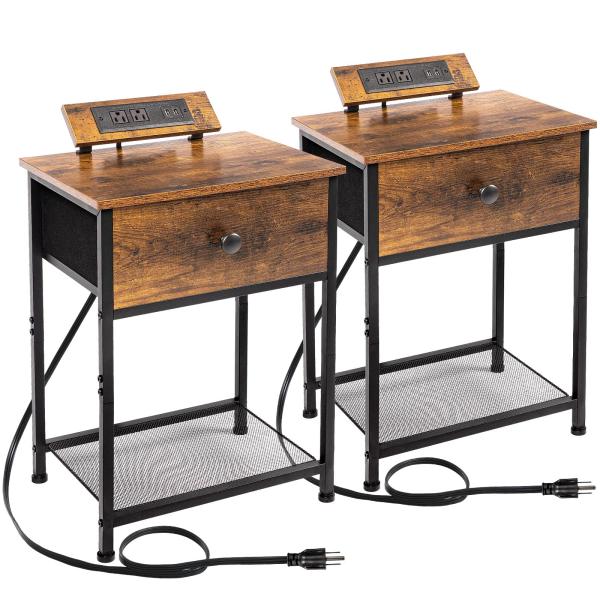 商品名: AMHANCIBLE ナイトスタンド 2個セット 小型ナイトスタンド 充電ステーション付き エンドサイドテーブル USBポート&amp;コンセント付き スリムベッドサイドテーブル 引き出し付き 寝室用 HET03SDPBR AMH...