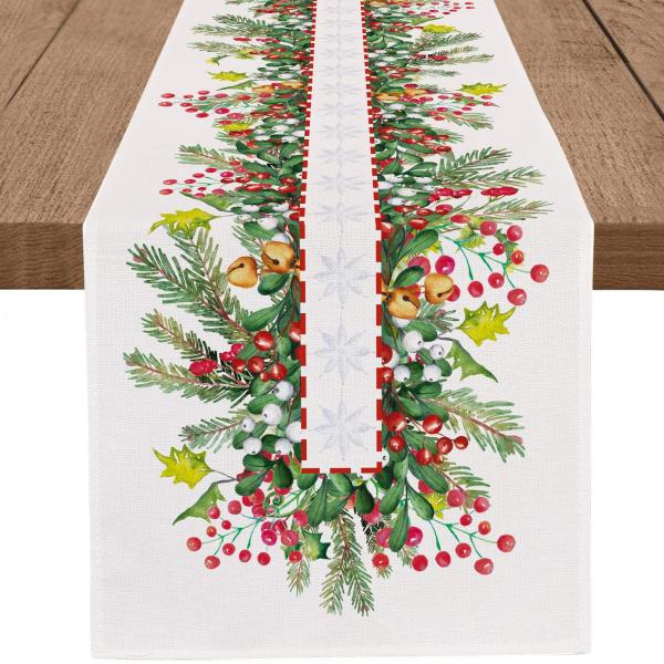 商品名:  WHOMEAF Watercolor Red Berry Table Runner Burlap Winter Seasonal Table Runners Green Pine Berries Plant Bell Table...