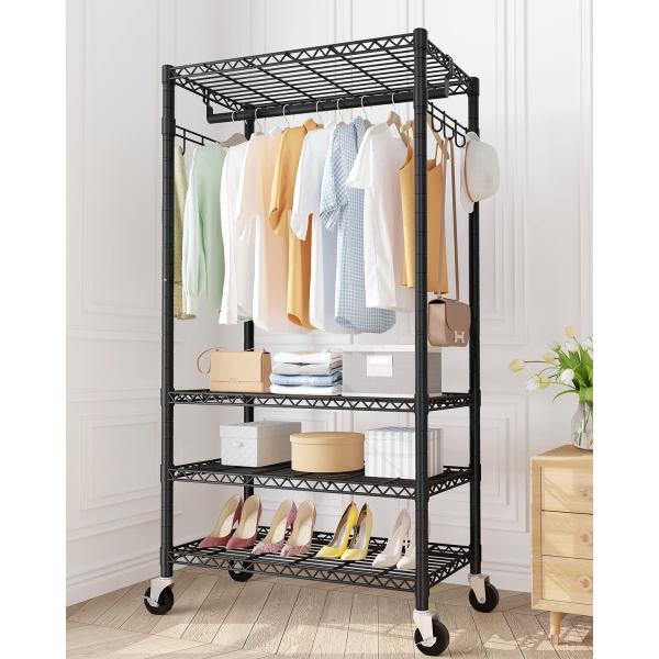 商品名: HOKEEPER ハンガーラック ワードローブ クローゼット 衣類収納 棚付き 4段 耐荷重350KG キャスター付 スチールラック メタルシェルフ 洋服ラック 大容量 幅90×奥45×高さ205cm HOKEEPER Heavy...