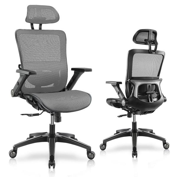 商品名: 人間工学 オフィスチェア ハイバック メッシュ オフィスチェア 4D調節可能なフリップアップアームレスト 回転式 コンピューターデスクチェア ランバーサポート 調節可能なヘッドレスト付き チルト機能付き グレー JHK Ergon...