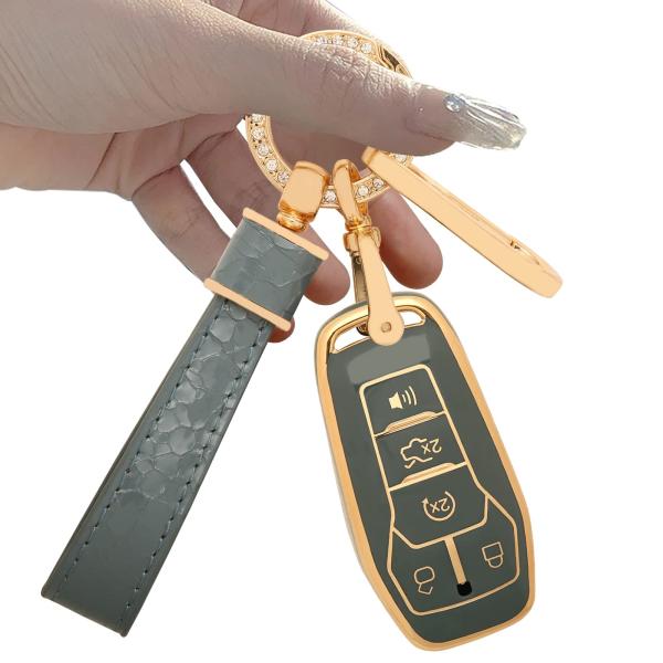 商品名: キーフォブカバー。2つの異なる素材キーチェーンアクセサリー、5色のTPUキーカバー。フォード4/5ボタンスマートキー(ライトグレー-A)。 WeiZhenZJYiWu Key fob Cover.Two different mat...