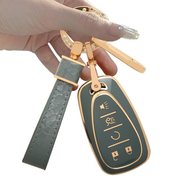 商品名: キーフォブカバー。2つの異なる素材シェブロンキーチェーンアクセサリー、5色のTPUキーカバー、シボレー用、5つのボタンスマートキー(ライトグレー-A)。 WeiZhenZJYiWu Key fob Cover.Two differ...