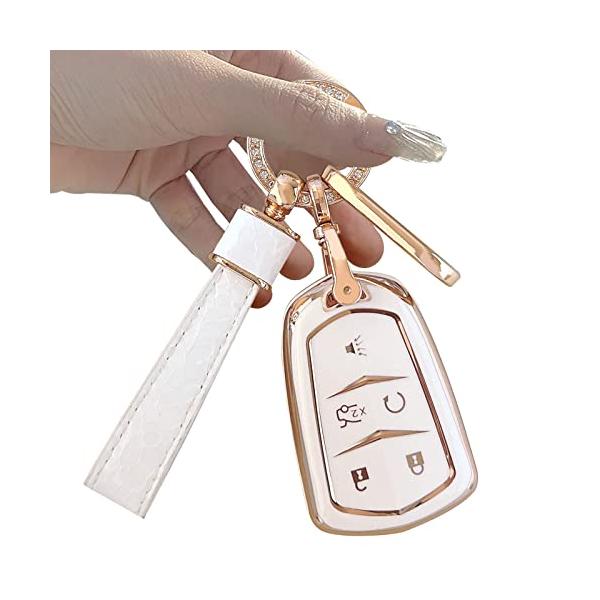 商品名: キーフォブカバー、2つの異なる素材キーチェーンアクセサリー、5色TPUキーカバー、キャデラックATS CT6用、5ボタンスマートキー(ホワイト-A) Key fob Cover ，Two different materials k...
