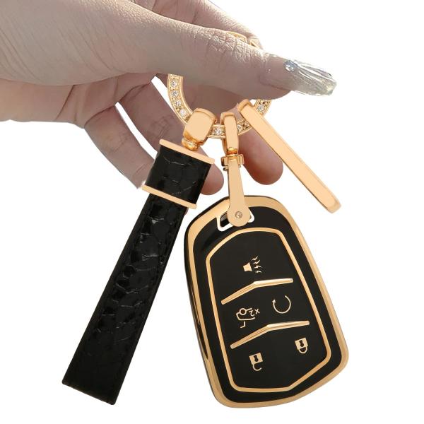 商品名: キーフォブカバー、2つの異なる素材キーチェーンアクセサリー、5色TPUキーカバー、キャデラックATS CT6用、5ボタンスマートキー(ブラック-A) Key fob Cover ，Two different materials k...