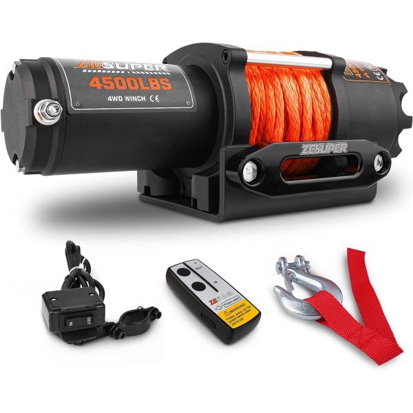 商品名ZESUPER 4500-lb Waterproof Winch Electric Winch Kit, Synthetic Rope Waterproof IP67 Electric Winch with Hawse Fairlea...
