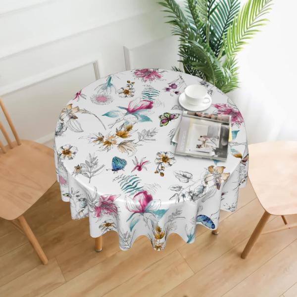 商品名:  Flower Butterfly Tablecloth 60 Inch Dahlia Daisies Table Cloth Waterproof Polyester Round Table Cover for Dining R...