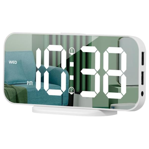 商品名: ALANAS デジタル目覚まし時計 デュアルアラーム付き ミラーLED寝室目覚まし時計 子供用 明るさ調節可能 スヌーズ 携帯電話充電用USBポート2個 12/24時間表示 ホワイト ALANAS Digital Alarm Cl...