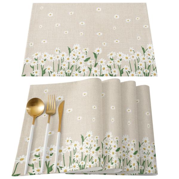 商品名:  White Daisy Flower Placemats Set of 4, Farmhouse Burlap Floral Beige Washable Woven Burlap Cloth Fabric Placemat f...