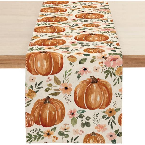 商品名Sambosk Fall Pumpkin Table Runner, Autumn Thanksgiving Floral Table Runners for Kitchen Dining Coffee or Indoor and O...