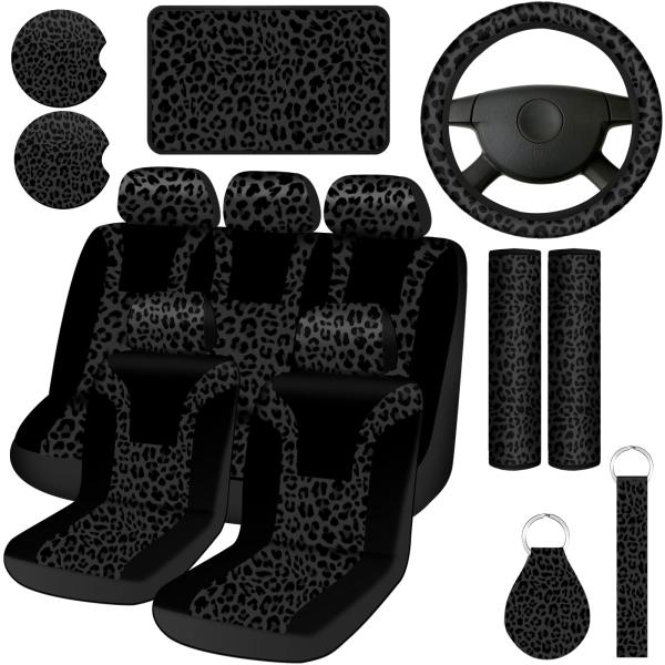 商品名:  13 Pcs Leopard Print Car Accessories Set, Includes Seat Covers Set Steering Wheel Cover Coasters Armrest Pad Belt ...