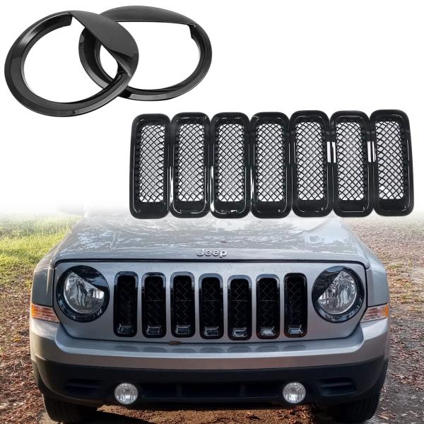 商品名:  ABS Bezels Front Light Headlight Cover Angry Bird Style &amp; Mesh Grille Grill Insert Kit Trim For Jeep Patriot A...