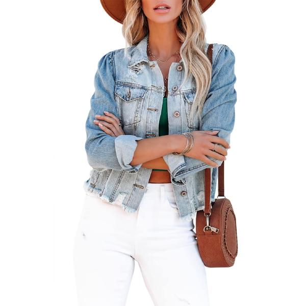 商品名:  ZOLUCKY Blue Jean Jackets for Women Long Sleeve Denim Jackets Distressed Frayed Ripped Button Down Jean Jacket, Li...