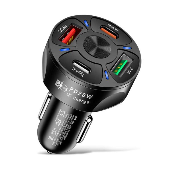 商品名: 車用充電器アダプター 4ポート USB高速車載充電器 QC3.0/PD20W/Type-C/2.1A Smart Shunt 車用携帯電話充電器 iPhone 14 13 12 Pro Max/すべてのスマートフォンに対応 (ブラ...