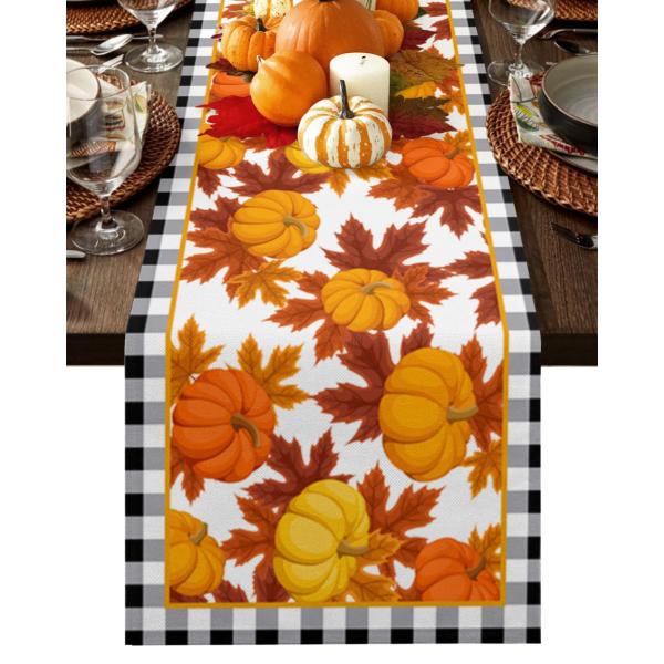 商品名:  Thanksgiving Fall Maple Leaf Table Runners Black and White Lattice 13x90 Inches Long Washable Table Runner for Rou...