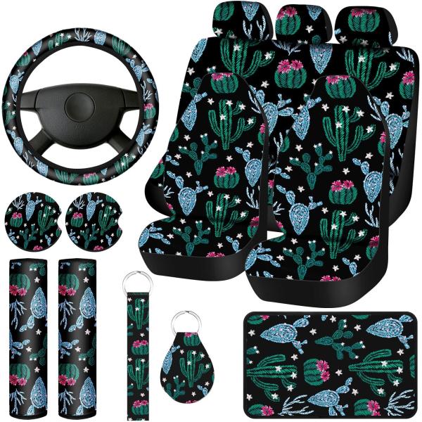 商品名: Tallew サボテン カーシートカバー 15枚 レディース メンズ ゴム製ハンドルカバー アームレスト シートベルト ポリエステル生地 フロント リア バックレスト ボトム キーリング リストストラップ Tallew 15 Pc...