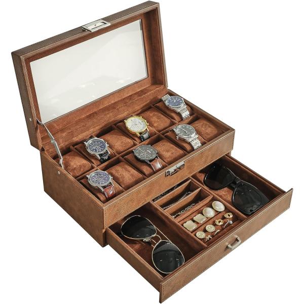 商品名IBUYKE Watch Box 12 Slots PU Leather Watch Case for Men - Jewelry Display Drawer Case with Glass Top,Smooth Velvet Li...