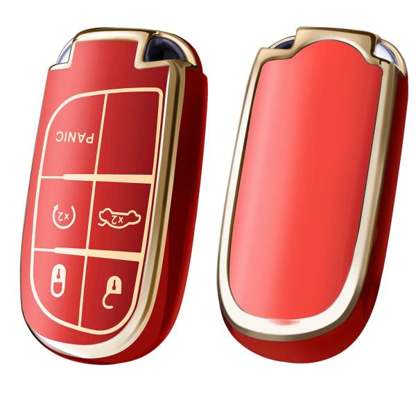 商品名: ELOHEI キーフォブカバーケース ジープ ドッジ チャージャー チャレンジャー ダート グランドチェロキー ラングラー コンパス チェロキー レネゲード パトリオット グランドコマンダー用 5ボタンプロテクター(ゴールドエッジ...