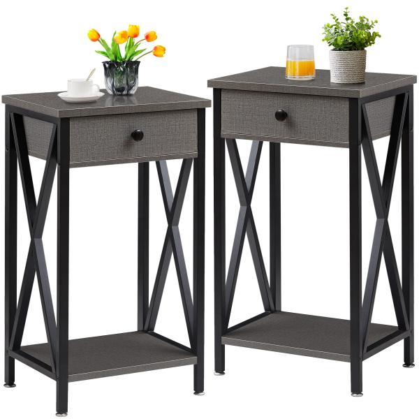 商品名: VECELO (ベセロ) トールナイトスタンド収納棚 ビン引き出し付き リビングルーム ベッドルーム ラウンジ用 2個セット ヘンプグレー エンジニアードウッド メタル エンドテーブル VECELO Side, 27.6" Set...
