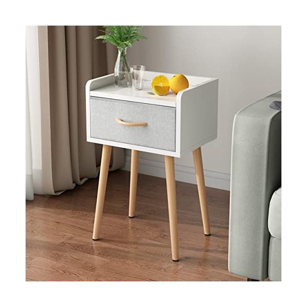 商品名: LUCKNOCK ナイトスタンド ファブリック引き出し付き ベッドサイドテーブル 無垢材脚付き ミニマリストで実用的なエンドサイドテーブル 寝室用 ホワイト LUCKNOCK NightStand with Fabric Draw...