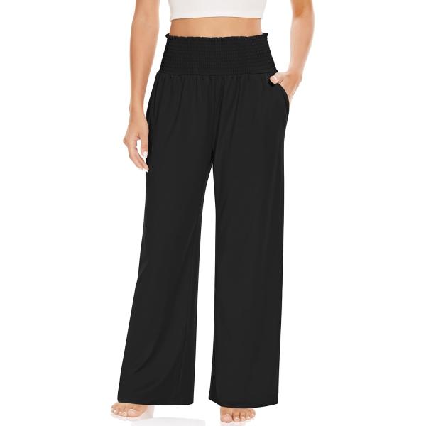 商品名:  UEU Womens Smocked Ruffle High Waisted Wide Leg Pants Casual Loose Yoga Sweatpants Lounge Pajamas with Pockets Bla...