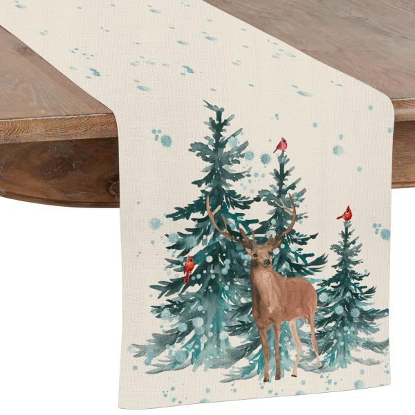 商品名: 冬のトナカイテーブルランナー 長さ72インチ 季節のヘラジカと森の中の枢機卿 メリークリスマス ホリデーテーブルデコレーション クリスマスキッチンダイニングパーティー用 13x72インチ Winter Reindeer Table...