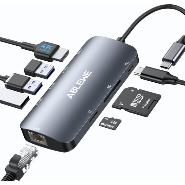 商品名: ABLEWE USB Cハブ マルチポートアダプター 8-in-1 USB-Cハブ 4K@60Hz HDMI 1Gbps イーサネット 100W PD SD/TFカードリーダー USB 3.0ポートドッキングステーション MacB...