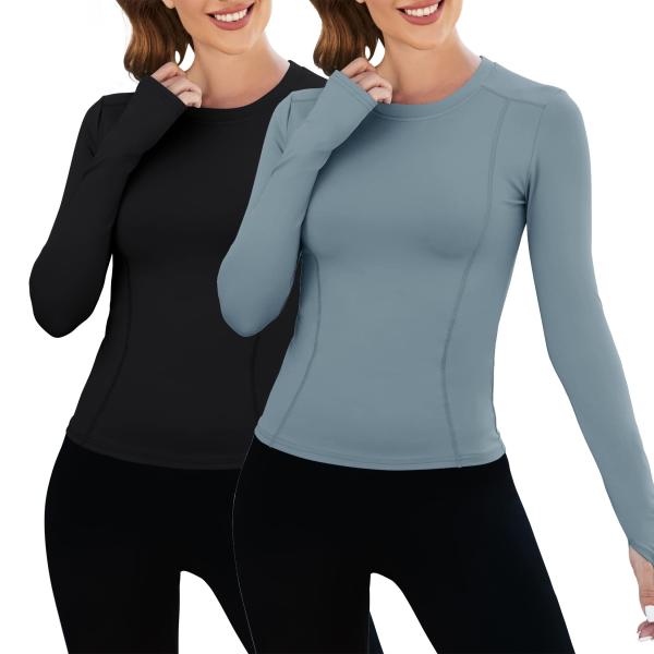商品名:  Loovoo Athletic Shirts Women Long Sleeve Running T-Shirt with Thumbholes Stretch Breathable Base Layer Top 2 Packブ...