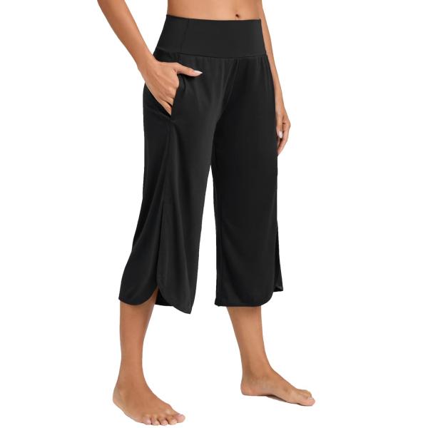 商品名:  Yilisha Womens Wide Leg Crop Pants Black Yoga Capris Pants Tummy Control Sweatpants Lounge Workout Pants with Pock...