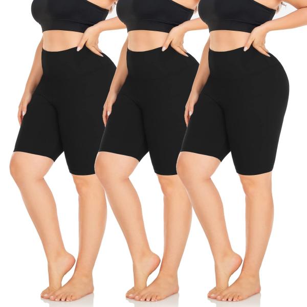 商品名:  NEW YOUNG 3 Pack Plus Size 8" Biker Shorts for Women-High Waist Tummy Control Black Workout Spandex Soft Yoga Shor...