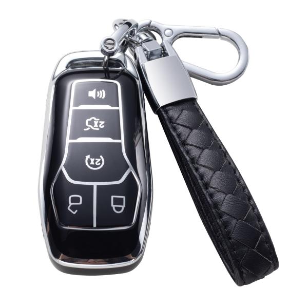 商品名: CHEZENHUI フォードキーフォブカバー レザーストラップ付き 車のキーケース シェル保護 フォード 2017 Fusion F250 F350 F450 Edge Explore Smart リモコン用 ブラック CHEZE...